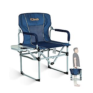 iClimb Heavy Duty Compact Camping Folding Mesh Chair with Side Table and Handle (Navy)