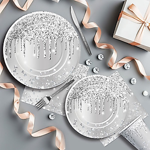 YJRJSC Silver Plates And Napkins Party Supplies - Silver Party Decorations Tableware For Birthday Bridal Shower, Paper Plate, Napkin, Cup, Cutlery, Diamonds Silver Glitter Table Decorations | Serve 24