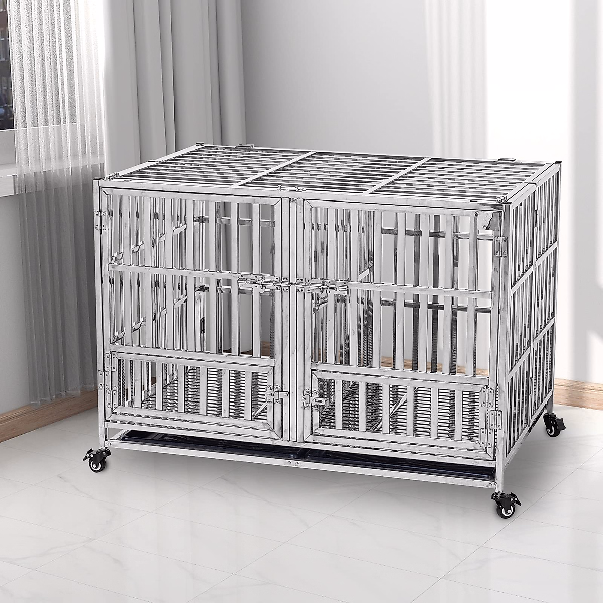 RyBuy 48" Heavy Duty Dog Cage Foldable Stackable Stainless Steel Kennel Cage for Small Dogs with Floor Grid, Tray, Divider