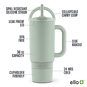 Ello Port 30oz Tumbler with Carry Loop & Integrated Handle | Vacuum Insulated Stainless Steel Reusable Water Bottle Travel Mug | Leak Proof Lid | Flexible Straw | BPA-Free | Dishwasher Safe | Sage