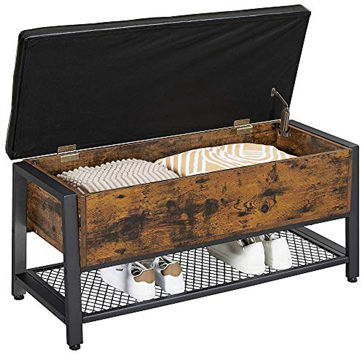 VASAGLE Industrial Storage Bench, Bed End Stool with Padded Seat and Metal Shelf, Sturdy Steel Frame, 39.4”L x 15.7”W x 18.5”H (100 x 40 x 47 cm), Rustic Brown + Black
