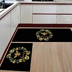 Queen Area 2 Pieces Kitchen Rugs and Mats Set Sunflower Garland Honey Bee Design on Black Background Non-Slip Kitchen Mats and Rugs for Kitchen, Floor Home, Office, Sink, Laundry