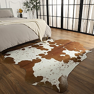 Zedrew Faux Cowhide Rugs, 5.2x6.2 Feet Large Cow Print Area Rug for Living Room Bedroom, Western Decor Carpet Animal Printed Mat for Dining Office Home Decor, Khaki