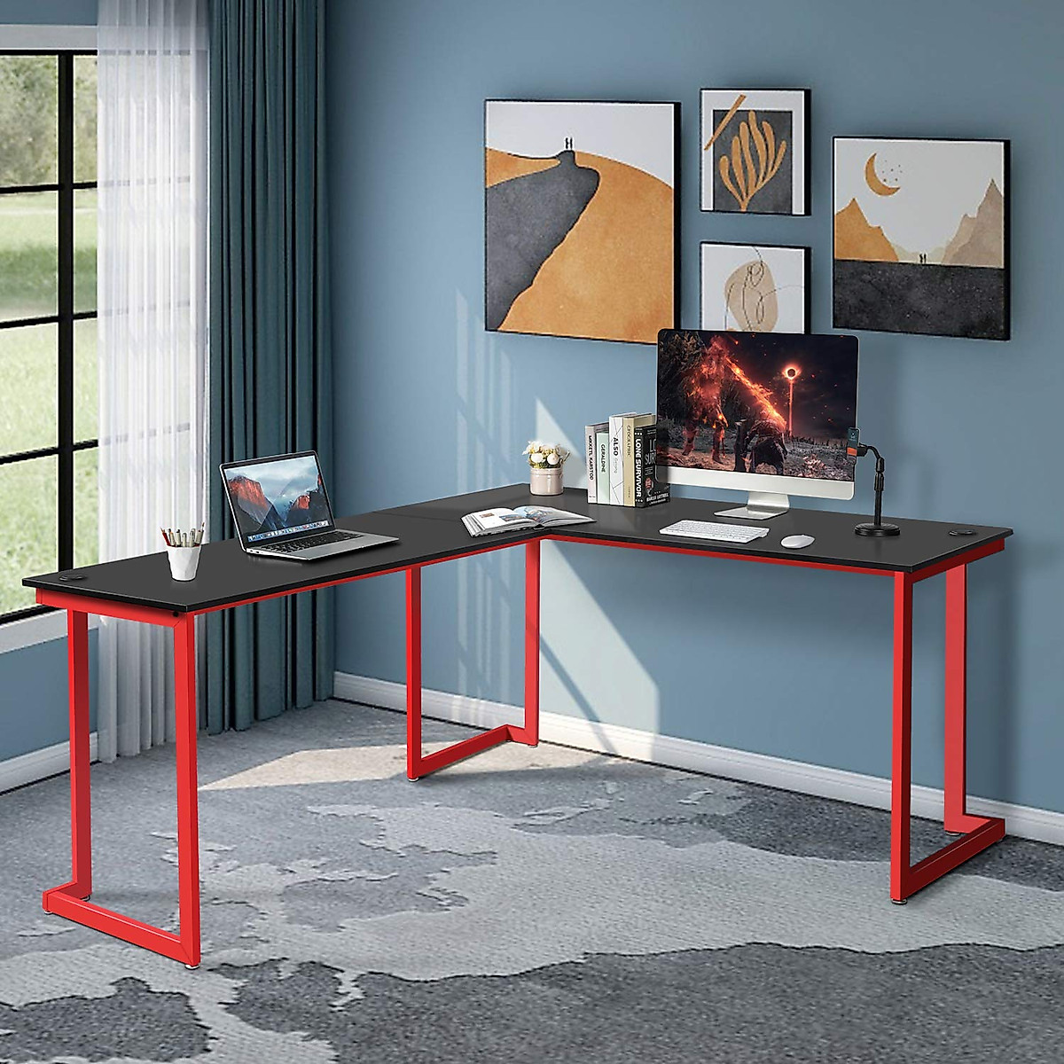 AOTIFARM L-Shaped Gaming Desk rner puter Desk Home Office Writing Workation Desk Modern PC Laptop udy Table Metal and Wood,Black and Red