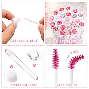 80 Pieces Disposable Mascara Brushes Tubes Set, 40 Diamond Empty Mascara Wand Tube with 40 Eyelash Brush Spoolies Makeup Tool for Eyelash Extension(Pink)