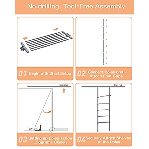 ALLZONE 5-Tier Narrow Bookshelf, Adjustable Width and Height, Tall Ladder Book Shelf with Open Storage,Floor to Ceiling Tension Mount Industrial Bookcase for Living Room,64 to 113Inch Height,Dark Grey