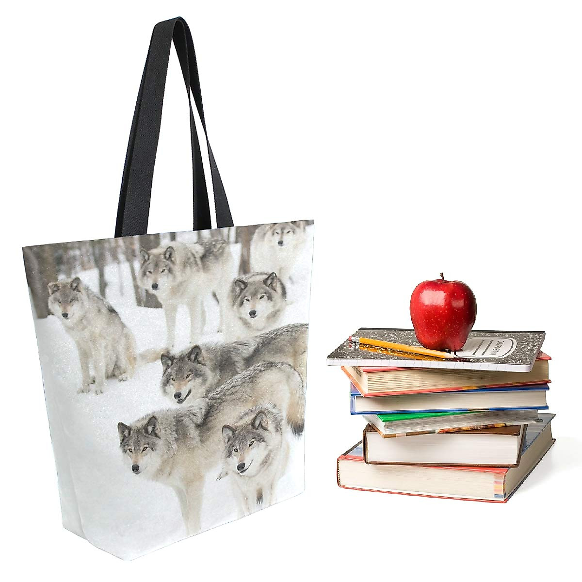 ZzWwR 3D Winter Forest Wolves Print Extra Large Canvas Shoulder Tote Top Storage Handle Bag for Gym Beach Weekender Travel Shopping