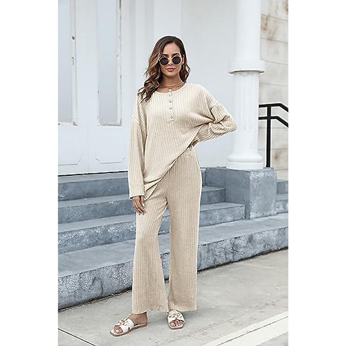 FREEYE Two Piece Outfits for Women, 2023 Fall Lounge Sweatsuits Knit Sweater Sets Pullover Loungewear Matching Pants Comfy Maternity Pajamas Apricot M