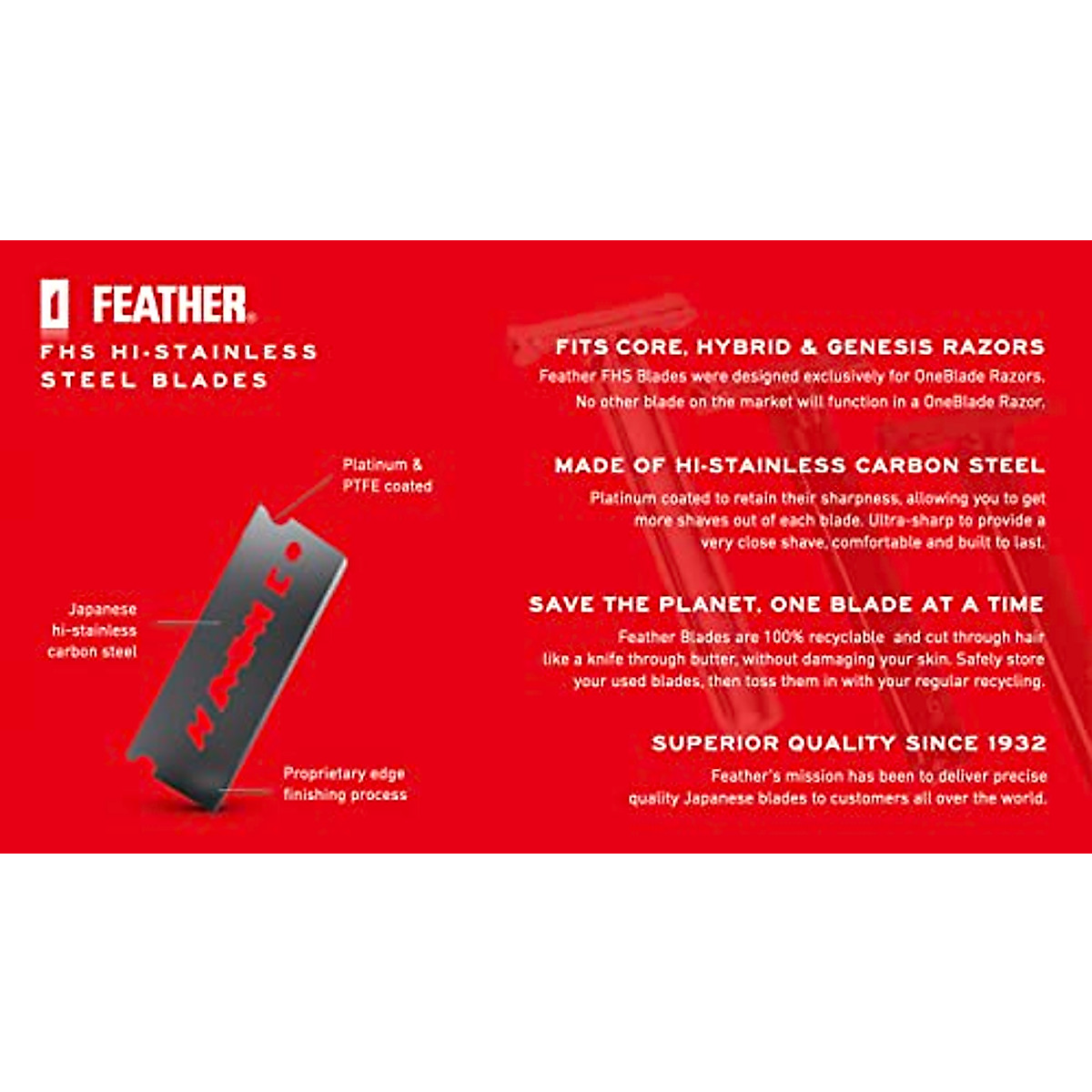 30 Feather FHS-10 Japanese Steel Razor Blades - Refill for OneBlade Core, Hybrid, & Genesis Razors - Single Blade Razor