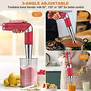 Cordless Hand Blender: Rechargeable Cordless Immersion Blender Handheld, 21-Speed & 3-Angle Adjustable with 304 Stainless Steel Blades for Milkshakes | Smoothies | Soup| Puree | Baby Food (Red)