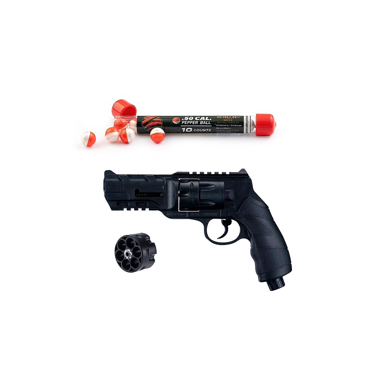 Mercury Rise Torpedo Revolver .50 Caliber Pistol (Black) and One Extra TR50 Pistol Cylinder and .50 Cal Pepper Balls (10 Count)
