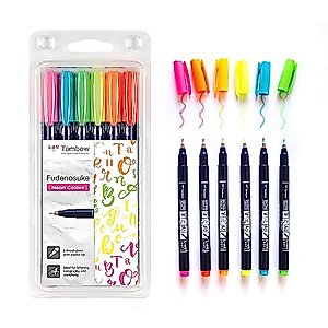 Tombow Fudenosuke Hard Tip Brush Pens (Set of 6) - Neon Colours