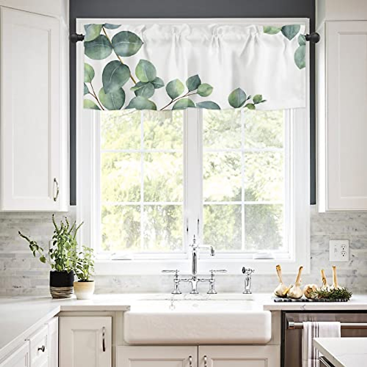 YOKOU Curtain Valance, Natural Green Leaves Watercolor Eucalyptus Leaf White Short Rod Pocket Window Treatment for Living Room, Bedroom, Kitchen, Bathroom, 1 Panel, 54" W x 18" L