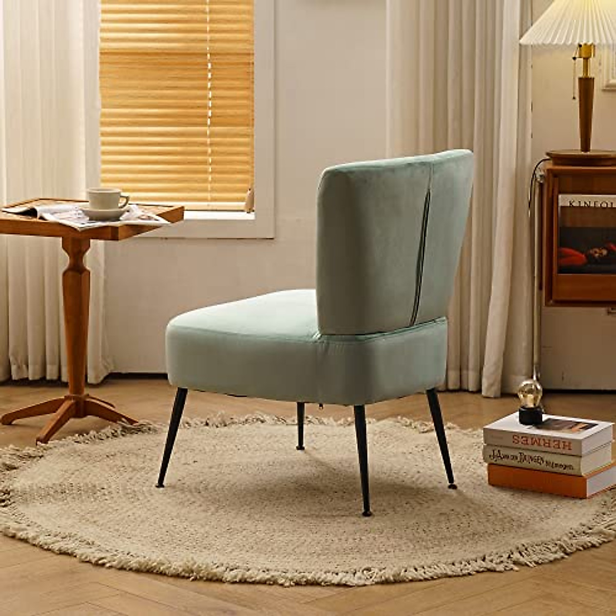 EODNSOFN Velvet Fabric Upholstered Trundle Chair with Black Metal Legs Dining Room Living Room Bedroom, Light Blue