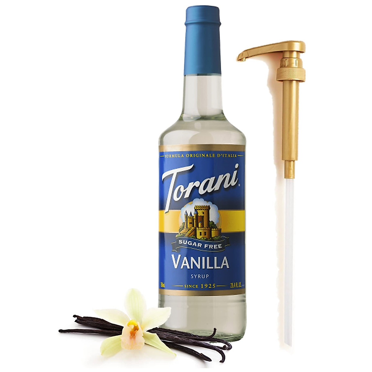 Torani Sugar Free Vanilla Syrup for Coffee 25.4 Ounces for Vanilla Flavored Syrup with Fresh Finest Syrup Pump Dispenser