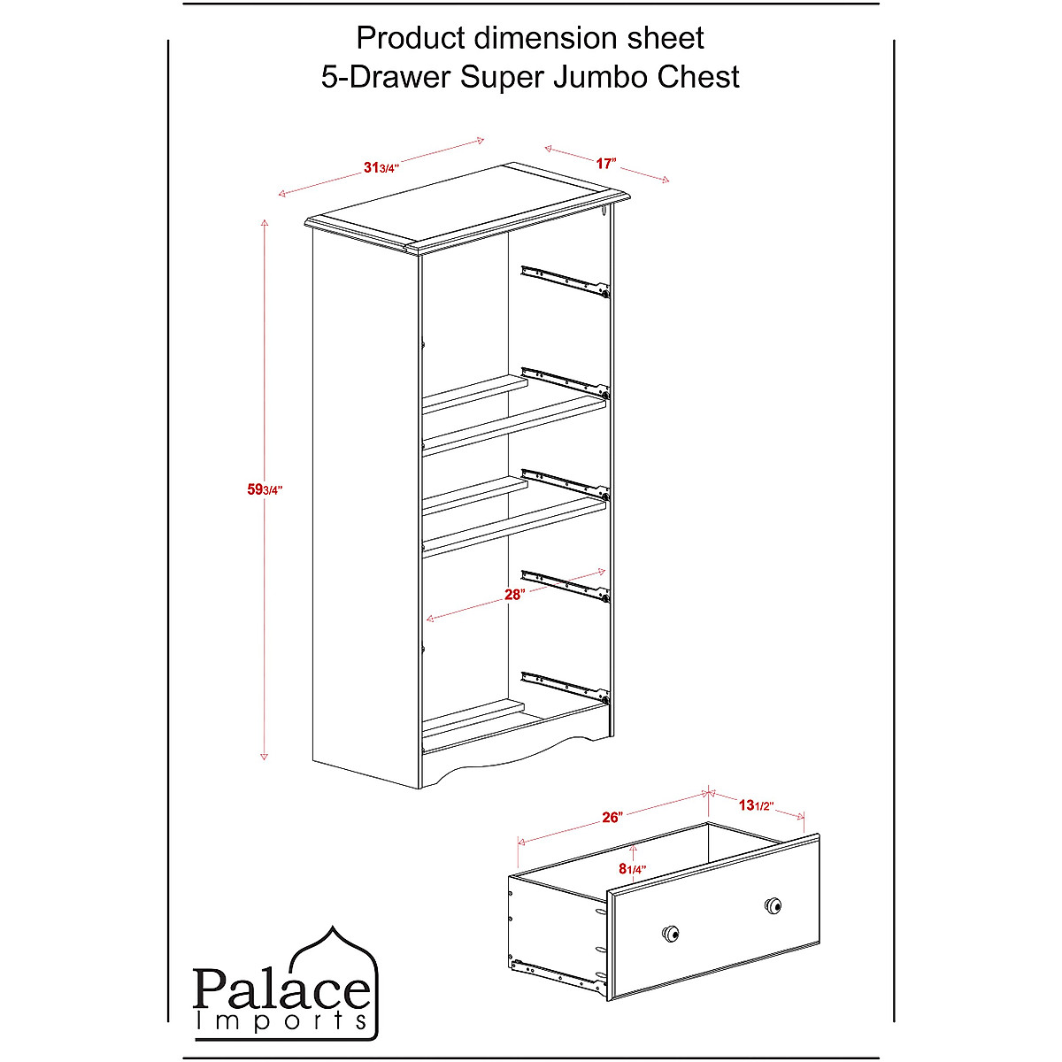 Palace Imports 100% Solid Wood 5-Super Jumbo Drawer Chest with Lock, Honey Pine, 31.75”w x 59.75”h x 17” d, Lock and Key Included. Requires Assembly.
