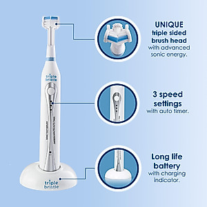 Triple Bristle Original Sonic Toothbrush | Rechargeable 31,000 VPM Tooth Brush | Patented 3 Head Design | Angled Bristles Clean Each Tooth | Dentist Created & Approved Original
