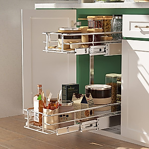 LOVMOR 2 Tier Individual Pull Out Cabinet Organizer 7½" W x 21½" D, Slide Out Kitchen Cabinet Storage Sliding Shelves
