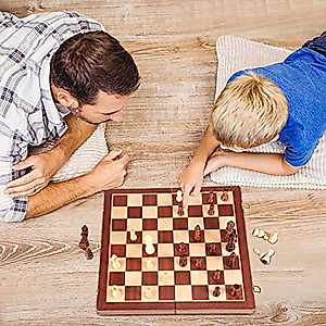 AMEROUS 15 Inches Magnetic Wooden Chess & Checkers Set (2 in 1) - Folding Board -Gift Box Packed -24 Cherkers Pieces -2 Extra Queens - Chessmen Storage Slots, Beginner Chess Set for Kids and Adults