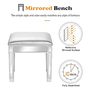 VINGLI Mirrored Vanity Stool with Storage, Faux Leather Ottoman, Makeup Dressing Table Bench, Silver