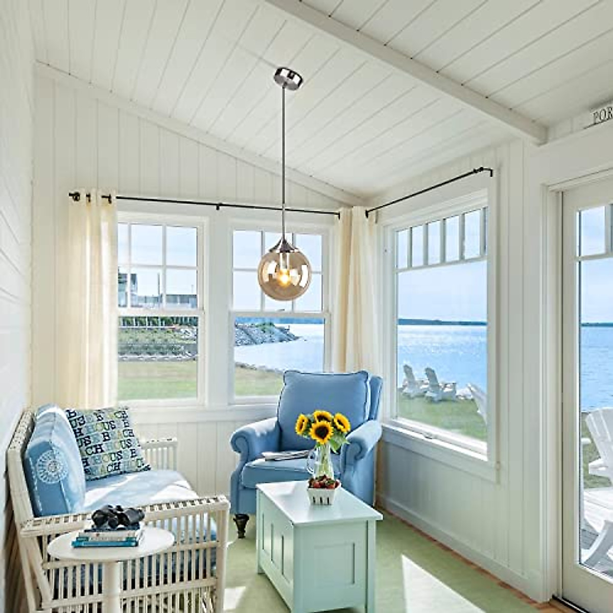 KCO Lighting Modern Glass Globe Pendant Light Nordic Brushed Nickel Pendant Lights Single Glass Ball Chandelier Adjustable Hanging Light Fixtures Kitchen Pendant Lighting Over Island (Amber)