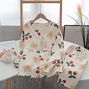 STJDM Nightgown,Cute Autumn and Winter Pure Cotton Knitted Pajamas Ladies Long-Sleeved Quilted Warmth and Thick Cute Home Service Suit M Cherrybear