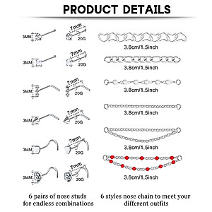 TEN MIRO Nose Chain Piercing Across Nose Surgical Steel Nostril Piercing Jewelry CZ L Shaped Nose Studs and Heart Chain 20g Nose Chain Piercing for Women(3.8MM)