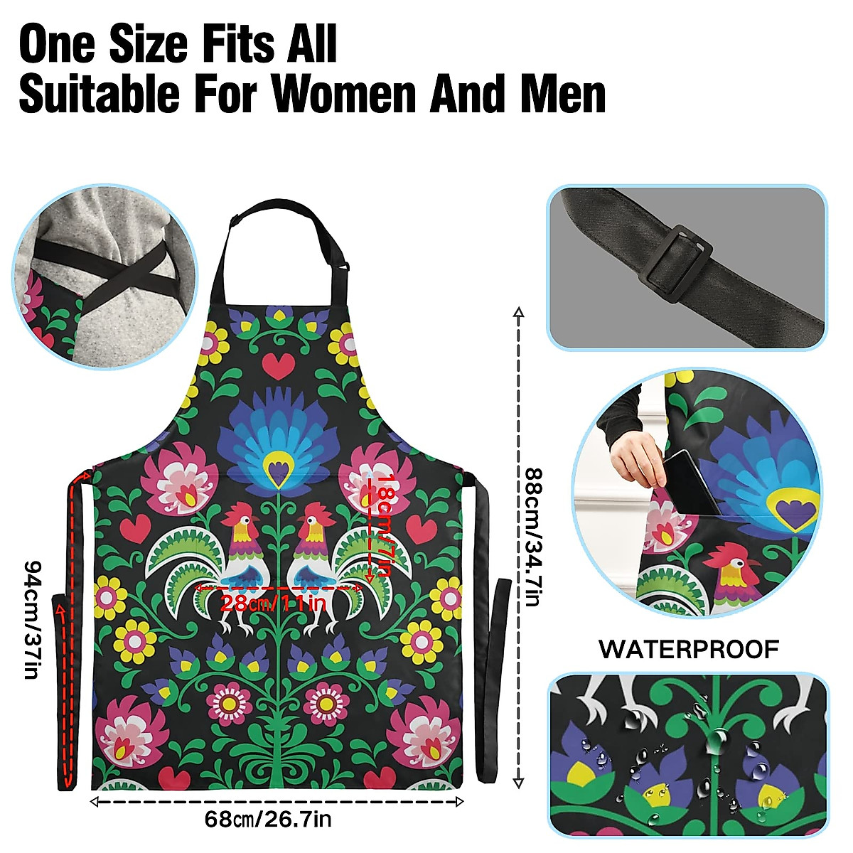 xigua Polish Folk Art Pattern Apron Larger Size Cooking kitchen Baking Unisex Aprons, Aprons for Women with Pockets