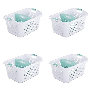 Sterilite 12138004 Laundry Basket 2.2 Bushel White Aqua Chrome Handles/Divider (Pack of 4)
