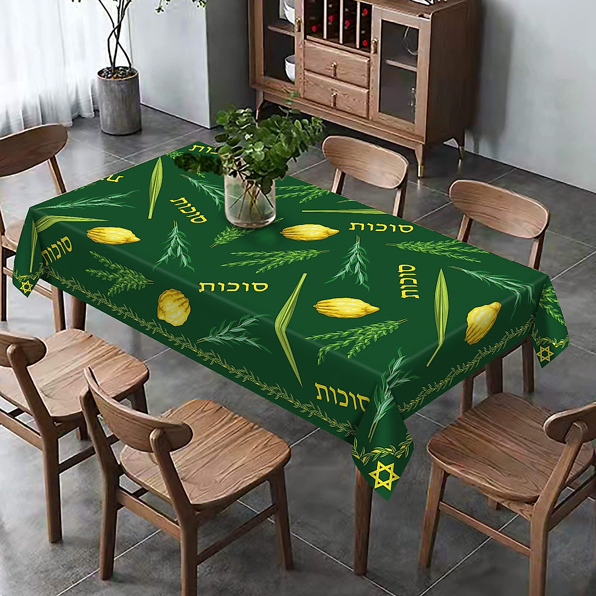 Hafangry Sukkah Sukkot Tablecloth Jewish Holiday Party Decoration Etrog Lulav Hadass Aravah Decor Supply Rectangular Kitchen Dining Room Home Table Cover (60" x 84")