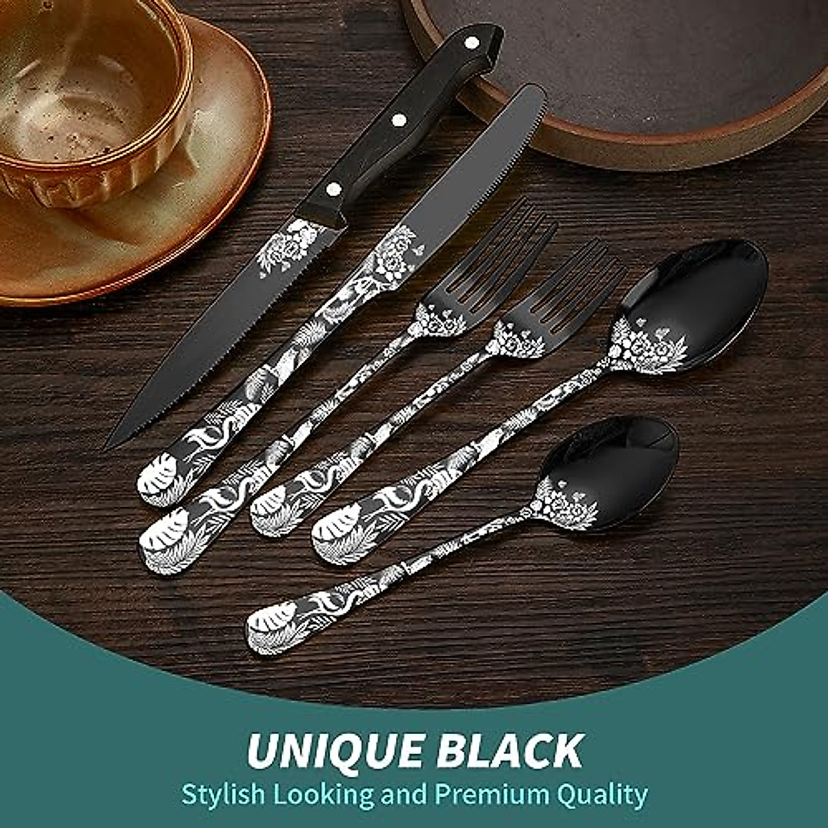 24-Piece Silverware Set with Steak Knives for 4,Unique Pattern Design，Stainless Steel Flatware Cutlery Set For Home Kitchen Restaurant Hotel, Kitchen Utensils Set, Mirror Polished, Dishwasher Safe