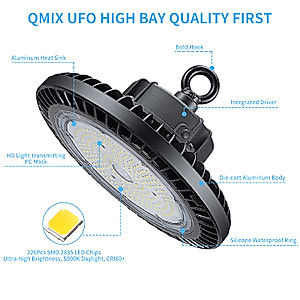 Qmix 150W High Bay LED Light, 22500 Lumens 5000K Daylight UFO High Bay Shop Light, Equivalent to 600W MH/HPS, DLC ETL Listed IP65 Waterproof Commercial Bay Lighting