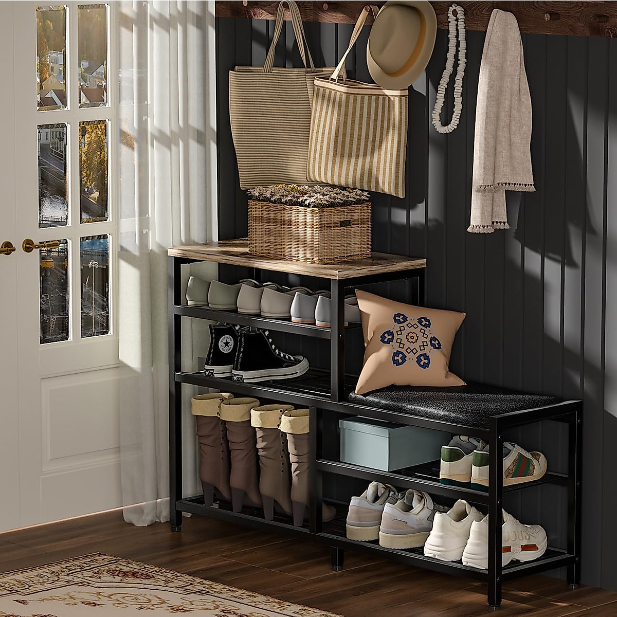 X-cosrack Stylish 5-Tier Shoe Rack Bench with Seat and Boot-Hanging- Entryway Storage Organizer in Industrial Design Brown Black