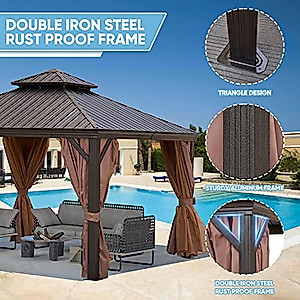 EMKK 12x12FT Hardtop Gazebo, Patic Gazebo Wooden Coated Hardtop Frame Canopy with Galvanized Steel Double Roof, Outdoor Permanent Metal Pavilion with Curtains and Netting for Deck,Garden, Backyard
