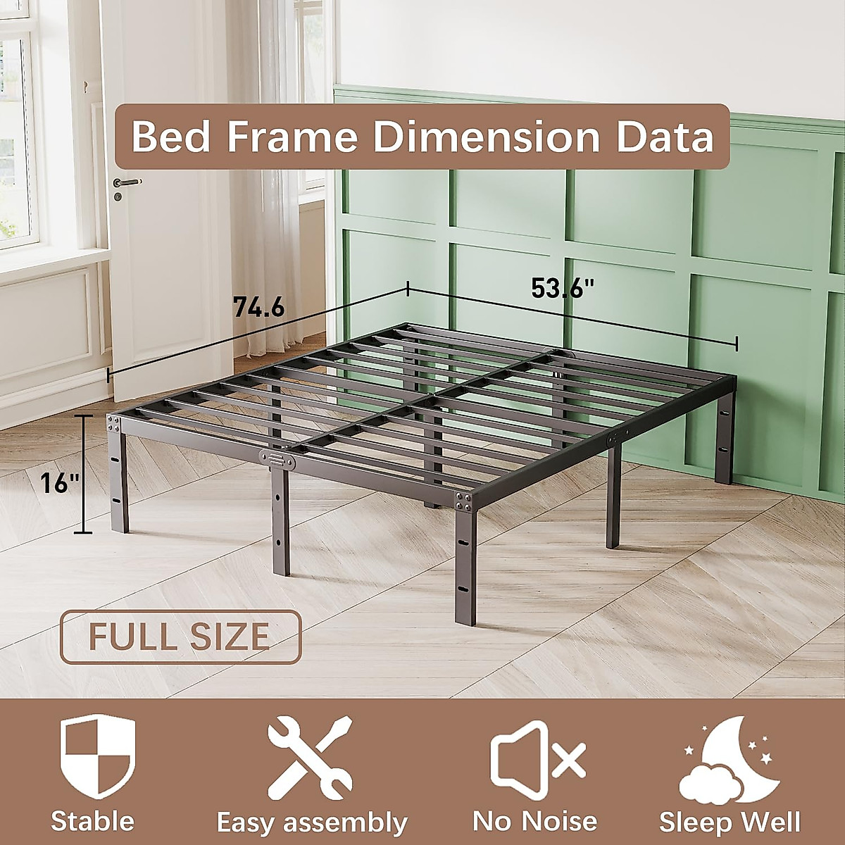 AGXI Full Size Bed Frame, Metal Bed Frame 16 Inch Tall Bed Frame No Box Spring Needed, Heavy Duty Platform Full Bed Frame with Storage Space, Sturdy Bed Frame Full Non-Slip Noiseless