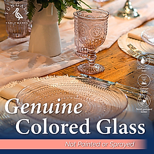 Pink Glassware Bundle - Vintage Glassware Collection for Party - Wine Glasses Set of Pink Goblets and 6 Pink Tall Tumblers - Matching Pink Drinking Glasses with Sunflower Emboss Design