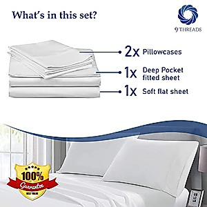 9Threads 400 Thread Count 100% Cotton Sateen Bed Sheets Deep Pocket, Cotton Bedsheets Crisp Cool and Strong Bed Linen (White, Queen)