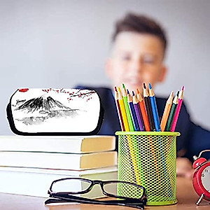 Pencil Case Japanese Mount Fuji Cherry Blossoms Sakura Sunset Asia Ink Painting Large Capacity Bag for Student Office College Travel Adult Girl Boy, Black 4