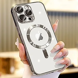 Waldeng for iPhone 13 Pro Max Case with Integrated Camera Lens Protection, [Seamless Work with Magsafe] [Metallic Glossy Soft Bumper], Diamond Clear Stylish Case for iPhone 13 Pro Max, Shiny Silver