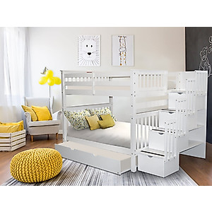 Bedz King Stairway Bunk Beds Full over Full with 4 Drawers in the Steps and a Twin Trundle, White
