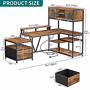 YITAHOME L Shaped Desk with Power Outlets, 78.7" Reversible Computer Desk with Drawers & Bookshelf, Corner Office Desk with LED Lights and Storage Shelves for Home Office, Rustic Brown