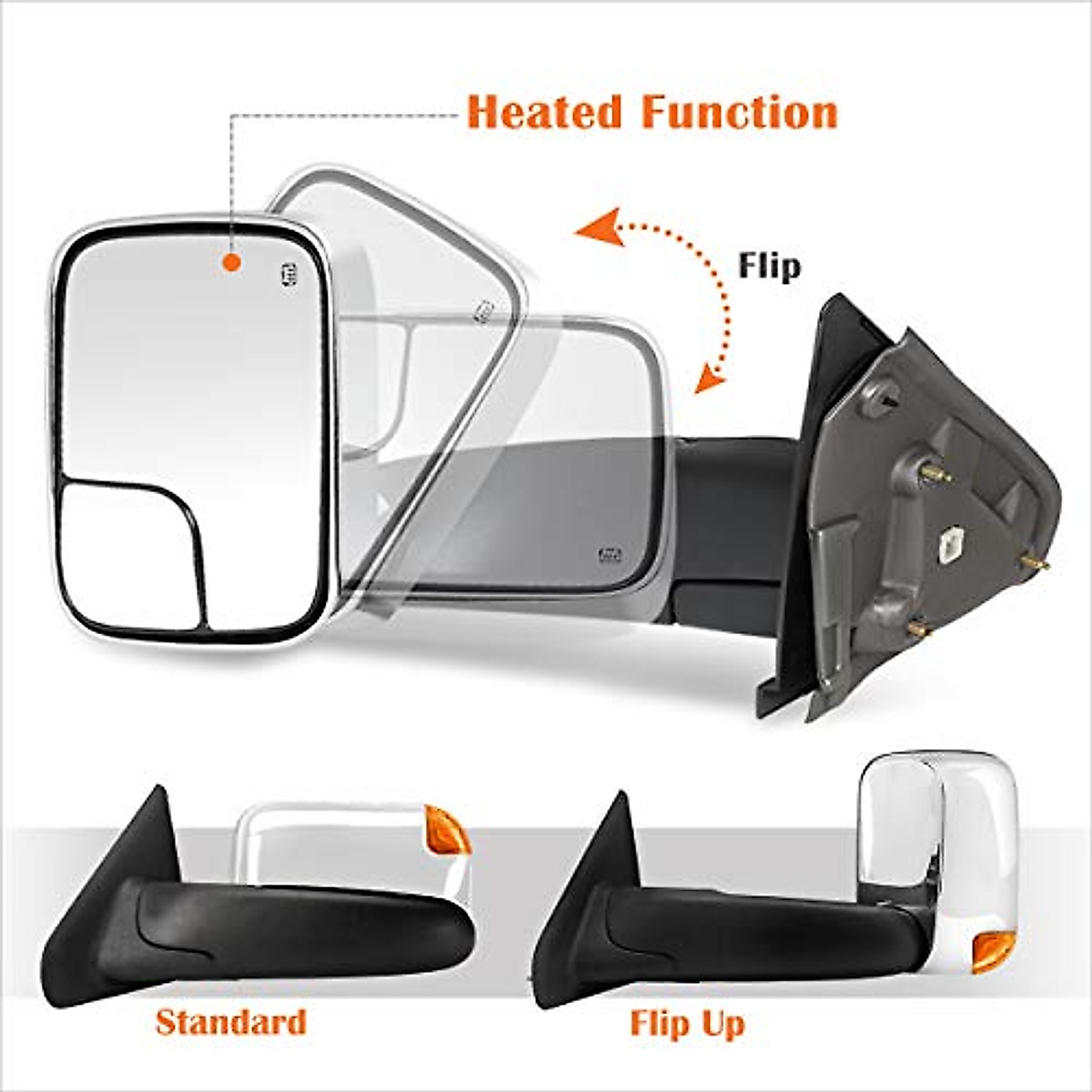 [Pair] Chrome Power Heated Side View Towing Mirrors w/Amber LED Signal Compatible with 02-09 Dodge Ram 1500-3500