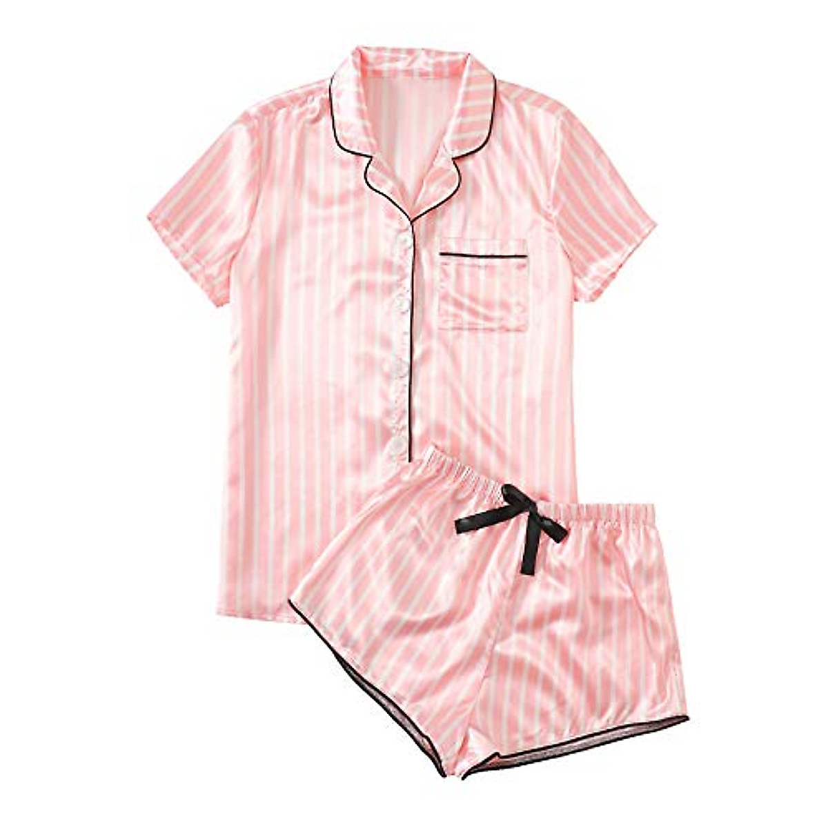 WDIRARA Women's Satin Sleepwear Short Sleeve Button Shirt and Shorts Pajama Set Silky PJ Striped Pink S