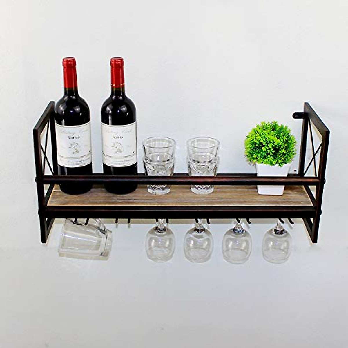 MBQQ Industrial Wine Racks Wall Mounted with Stemware Racks,24" Rustic Metal Hanging Wine Holder,Bottle Holder with 7 Stem Glass Holder,Metal&Wood Shelves Home Decor Wall Shelf,Retro Red