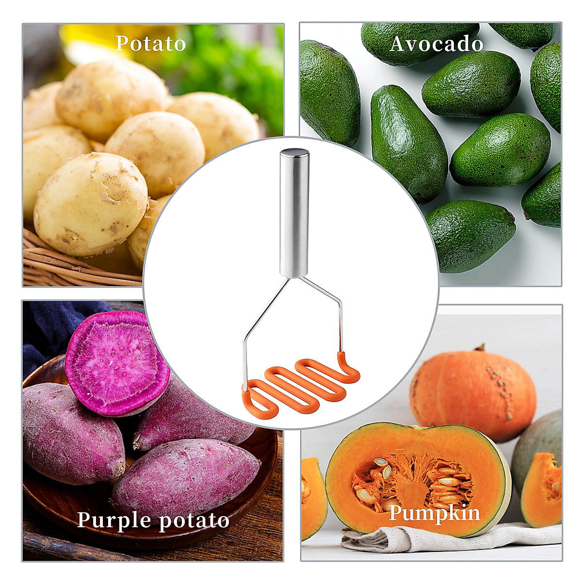 Potato Masher, VITUER Non-Scrath Silicone Potatoes Masher, Premium Stainless Steel Wrapped in Silicone Mashed Potatoes Masher, Great for Avocado, Potatoes, Beans, Dishwasher Safe (9.25inch, Orange)