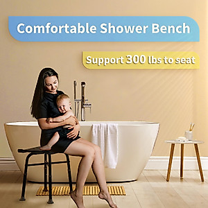 Adjustable Heights Shower Chair, Waterproof Bathroom Bath Bench Seat, Shower Bench with Suction Feet, Shower Stool for Elderly Disabled with Handles and Rust Resistant Legs, 300 LB Weight Cap, Black