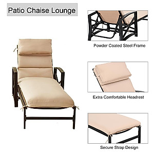 LOKATSE HOME Outdoor Adjustable Chaise Patio Steel Furniture Metal Lounge Chair with Cushion, Khaki