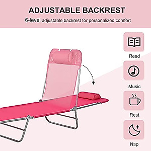 Outsunny Folding Chaise Lounge Chair, Pool Sun Tanning Chair, Outdoor Lounge Chair with Reclining Back, Breathable Mesh Seat, Headrest for Beach, Yard, Patio, Pink