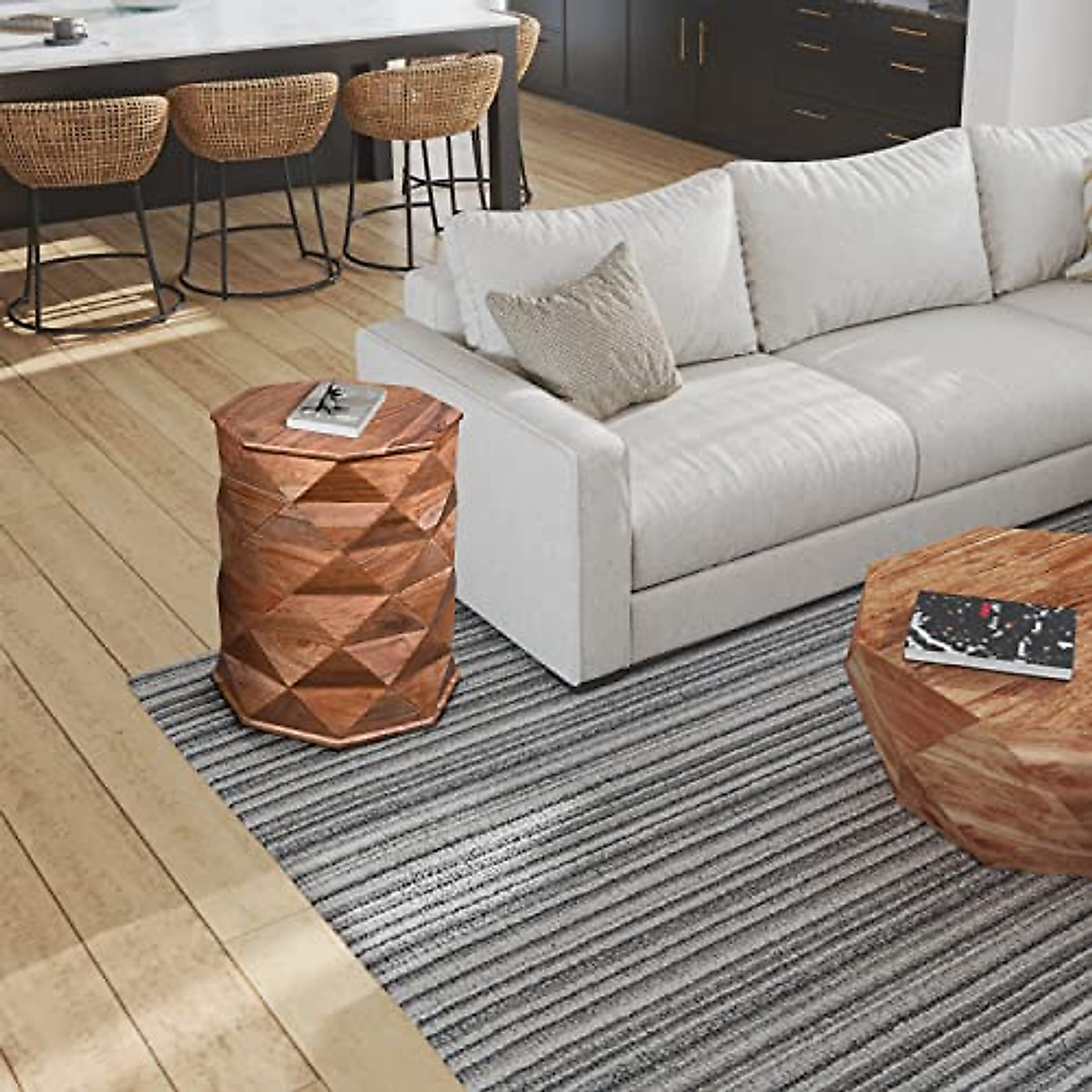 The Urban Port 23-Inch Handcrafted Drum Side Accent Table with a Multifaceted Diamond Cut Design, Natural Brown Acacia Wood