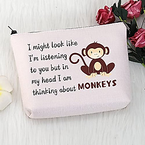 MNIGIU Funny Monkey Cosmetic Bag Monkey Lover Gift I'm Thinking About Monkeys Travel Zipper Pouch Toiletry Bag (think about monkey bag)